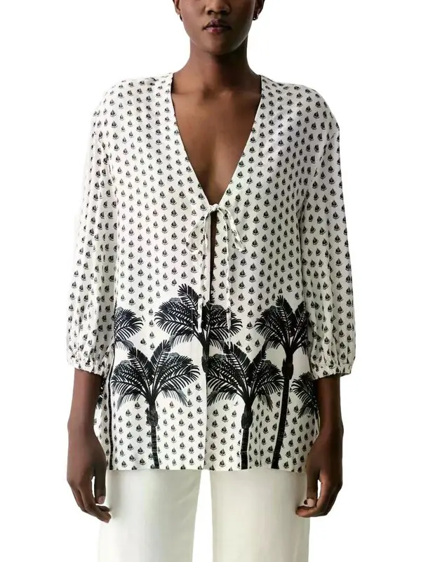 Marc O'polo Palm-print Front-tie Open Tunic - White