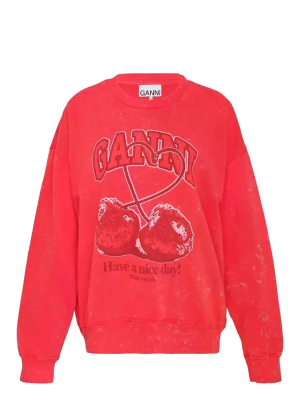 GANNI Cherry-print Acid-wash Sweatshirt - Red