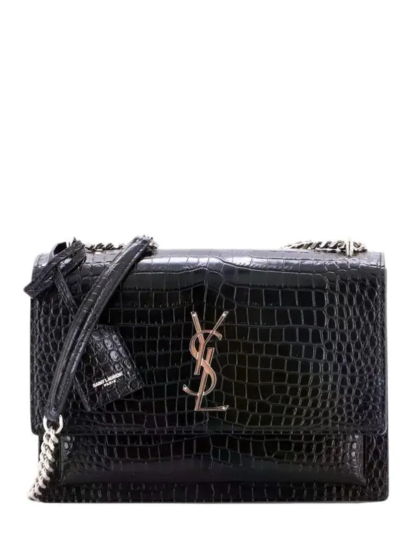 Saint Laurent Sunset Crocodile Embossed Leather Medium Crossbody Bag - Black