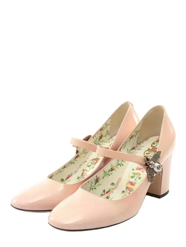 Gucci Patent Leather Mary Jane Block Heel Pumps With Bee Embellishment - Pink