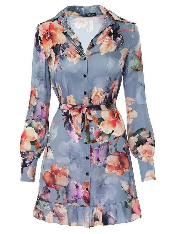 AVENUE N°29 Floral Print Satin Shirt Dress Light - Blue