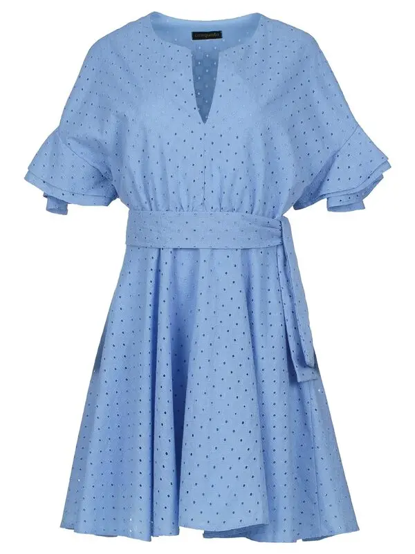 CONQUISTA Sky Embroidered Dress With Ruffle Sleeves - Blue