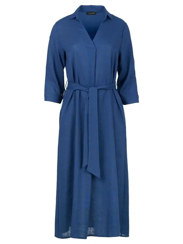 CONQUISTA Linen Style Midi Dress With Belt - Blue