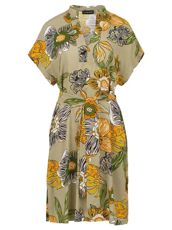 CONQUISTA Linen Style Bold Floral Print Dress With Mandarin Collar - Brown