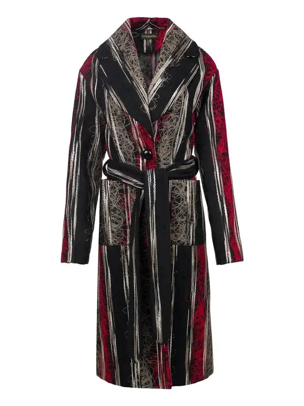 CONQUISTA Multicoloured Long Wool Blend Jacquard Style Coat With Belt - Black/red
