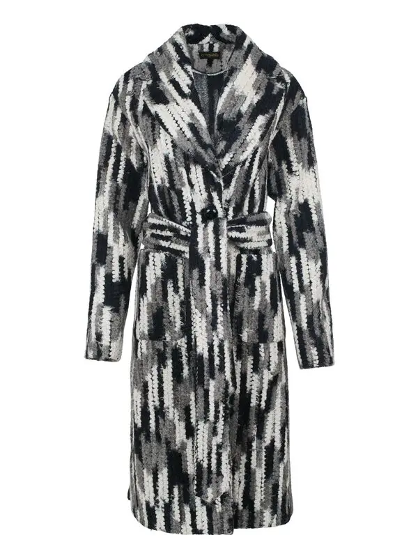 CONQUISTA Long Wool Blend Jacquard Style Coat In Neutral Shades With Belt - Grey