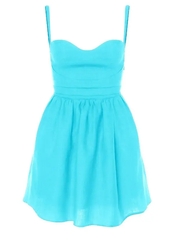 AVENUE N°29 Linen Gathered Mini Dress With Straps Aqua - Blue