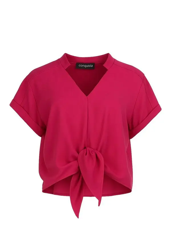 CONQUISTA Tie-front Blouse In Fuchsia – 100% Viscose Voile - Pink