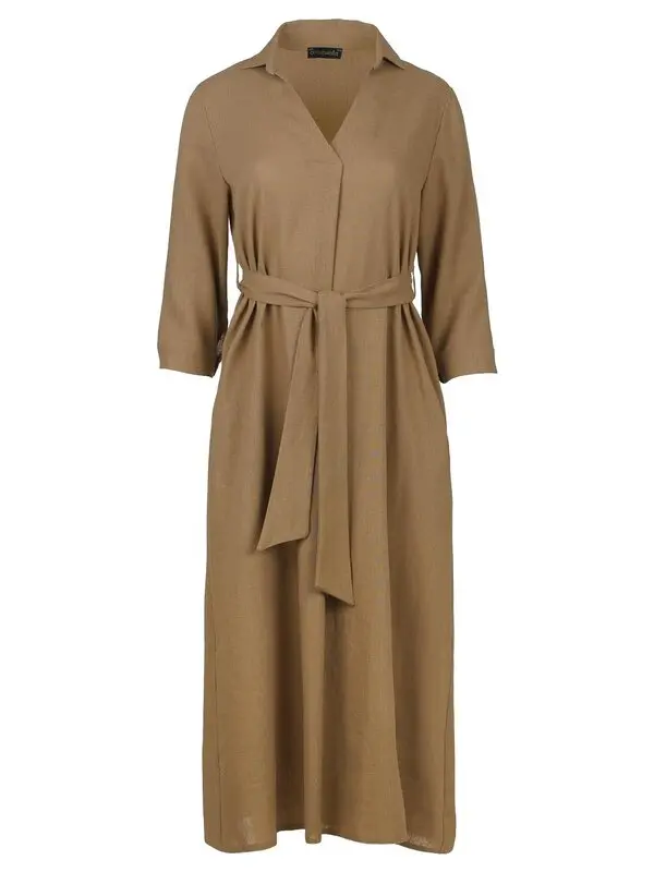 CONQUISTA Neutrals Linen Style Midi Dress With Belt - Beige