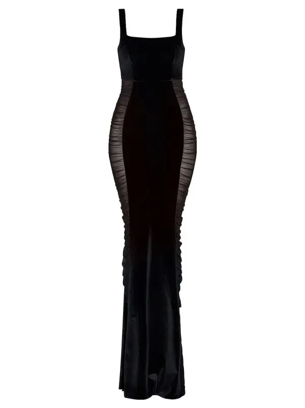 MODA GLAM Allure Velvet Square Neck Gown W/ Sheer Mesh Sides - Black