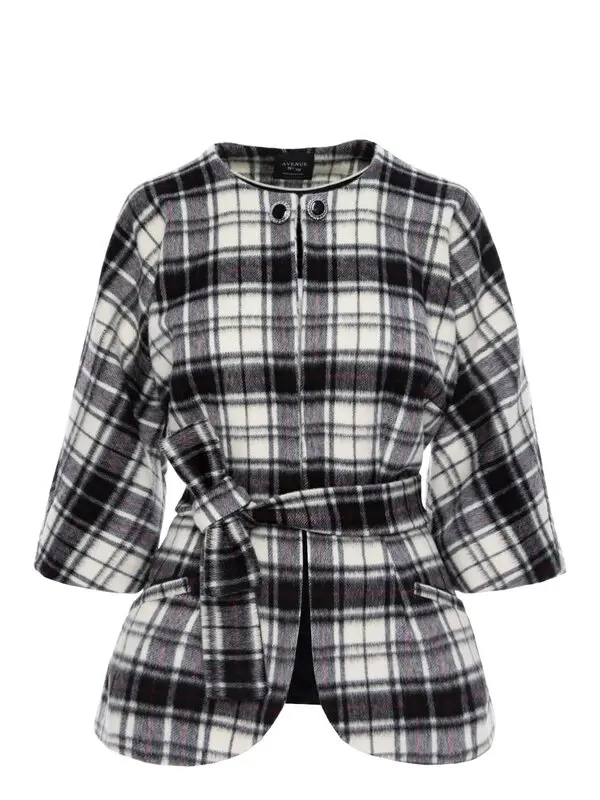 AVENUE N°29 Check Wool Cape With Belt & White - Black
