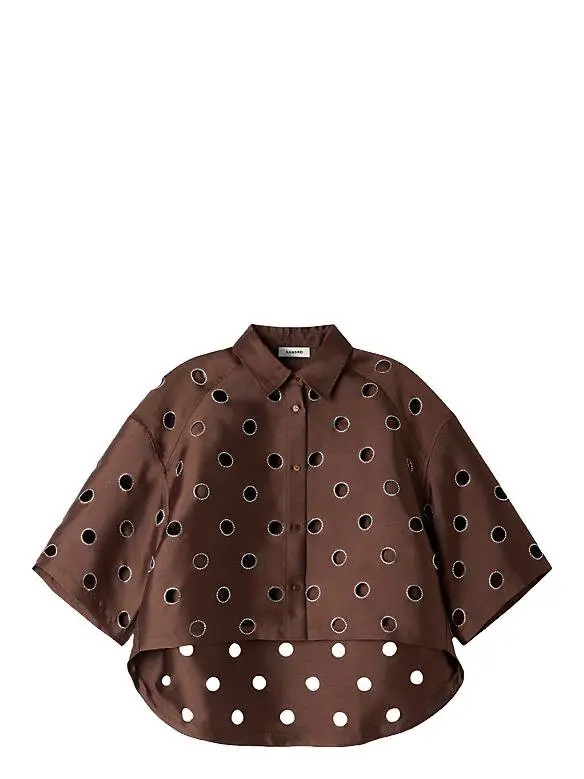 Sandro Rhinestone-embellished Cut-out Cropped Woven Shirt - Brown