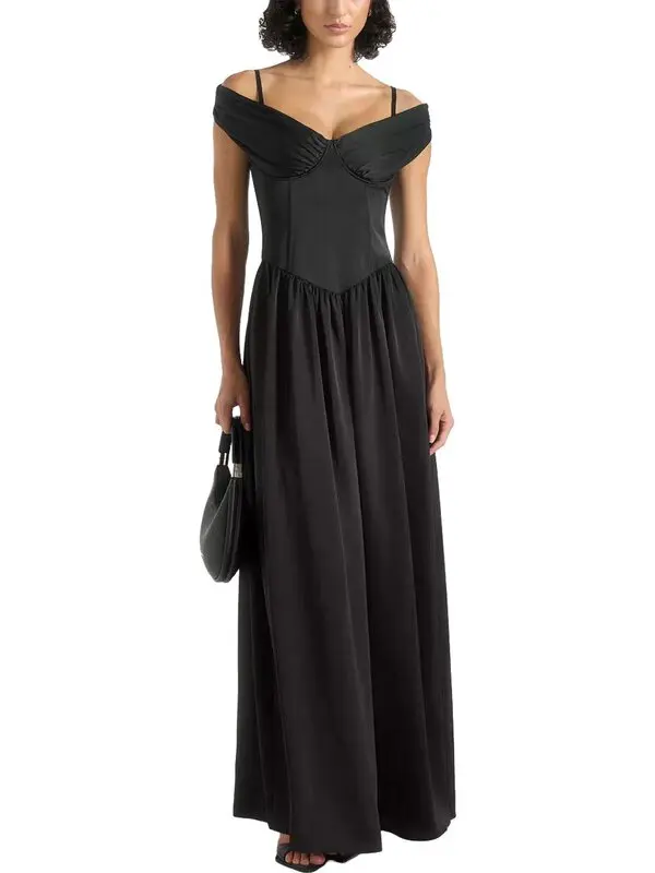 Manière De Voir Off-shoulder Satin Corset Maxi Dress - Black
