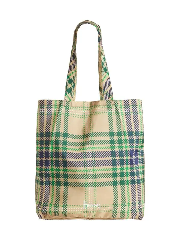 Harrods Tartan Logo Packable Shopper Bag - Green
