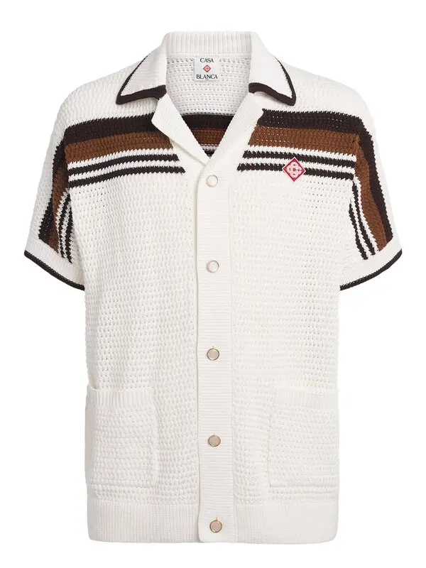 Casablanca Cotton Crochet Tennis Stripe Polo Shirt - White