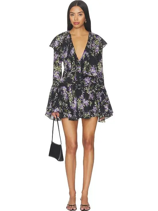 Norma Kamali Long Sleeve Deep V Ruffle Mini Dress In . Also - Black