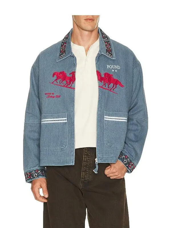 FOUND Jockey Club Embroidered Denim Jacket - Blue