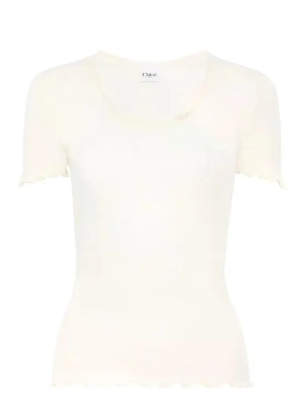 Chloé Ribbed Lace-trim Short-sleeve Top - Neutrals