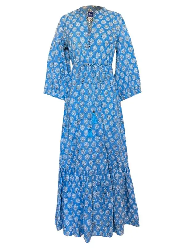 PICK HAPPY Mermaid Maxi Dress Botanical Azure Handblock Cotton - Blue