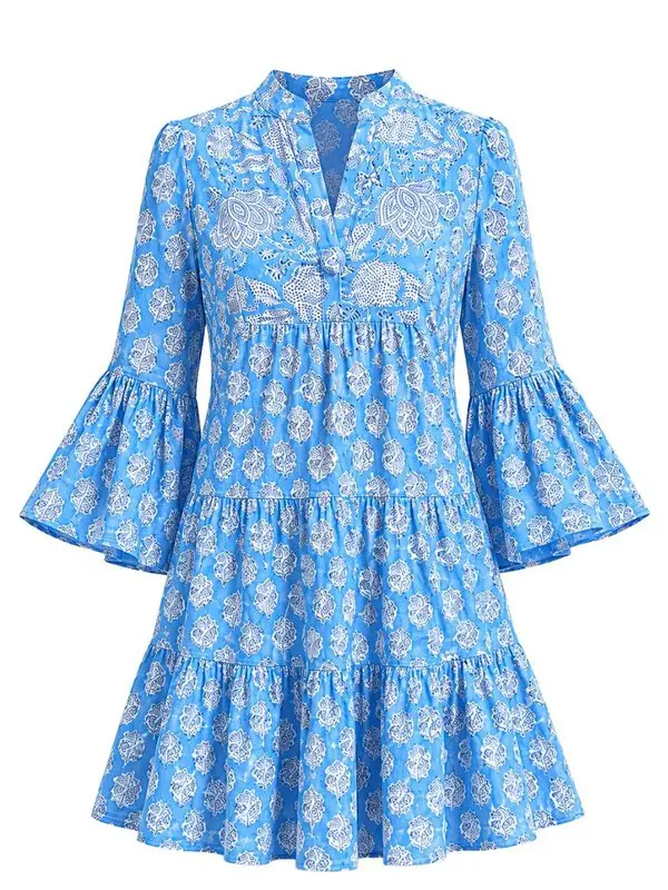PICK HAPPY Babydoll Mini Dress Botanical Azure - Blue