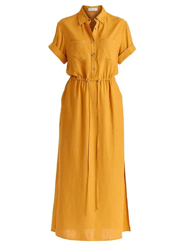 PAISIE Linen Blend Shirt Dress With Contrast Stitching And Drawstring Waist - Yellow