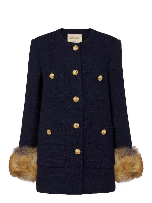 Valentino Garavani Shearling-trimmed Wool-blend Tweed Jacket - Blue