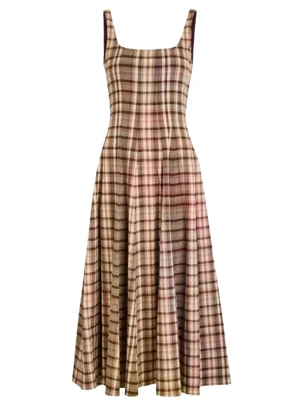 Staud Wells Plaid-pattern Sleeveless Midi Dress - Brown