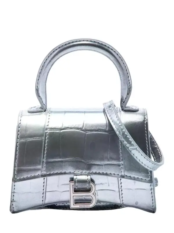Balenciaga 2022 Mini Metallic Croc Embossed Calfskin Hourglass Top Handle Bag Satchel - Silver