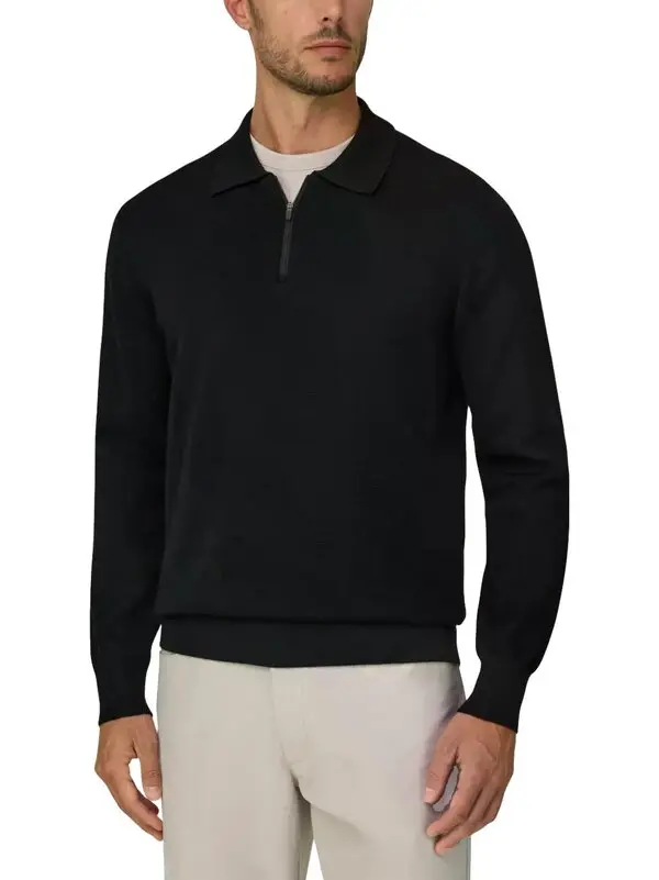 Boggi Milano Knitted Polo Shirt Quarter-zip Wool Blend Wooltech - Black