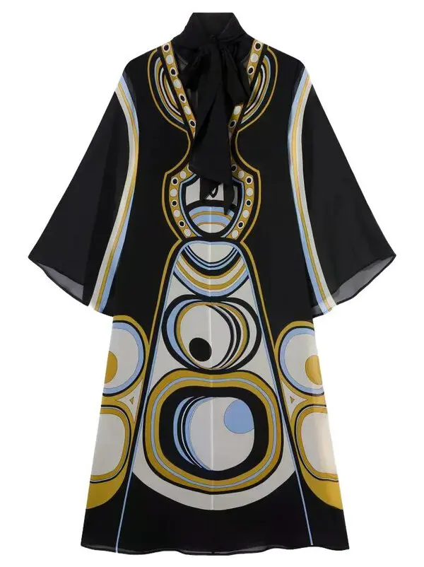 La DoubleJ Geometric-print Pussy-bow Midi Dress - Black
