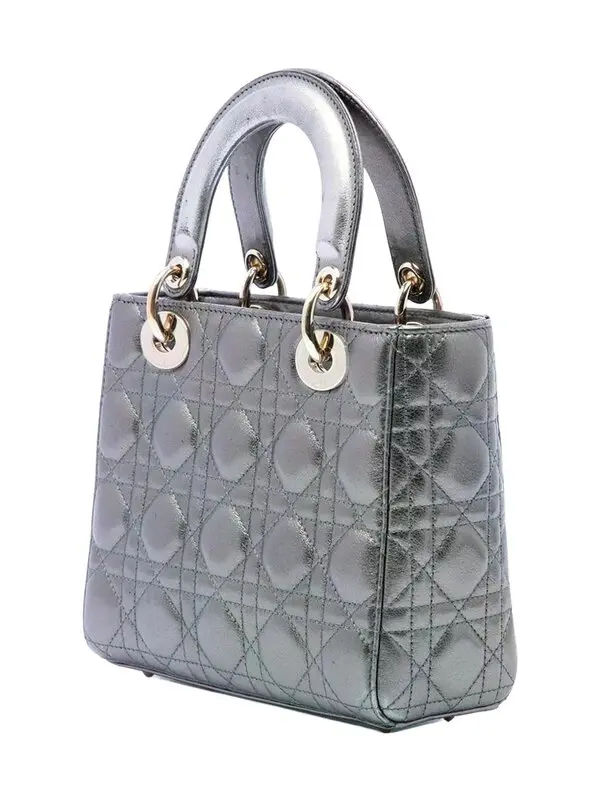 Dior 2019 Small Metallic Lambskin Cannage My Abcdior Lady Satchel - Grey