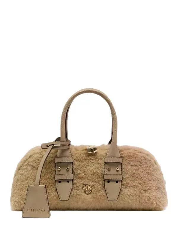 Pinko Faux-shearling Buckle-detail Tote Bag - Neutrals
