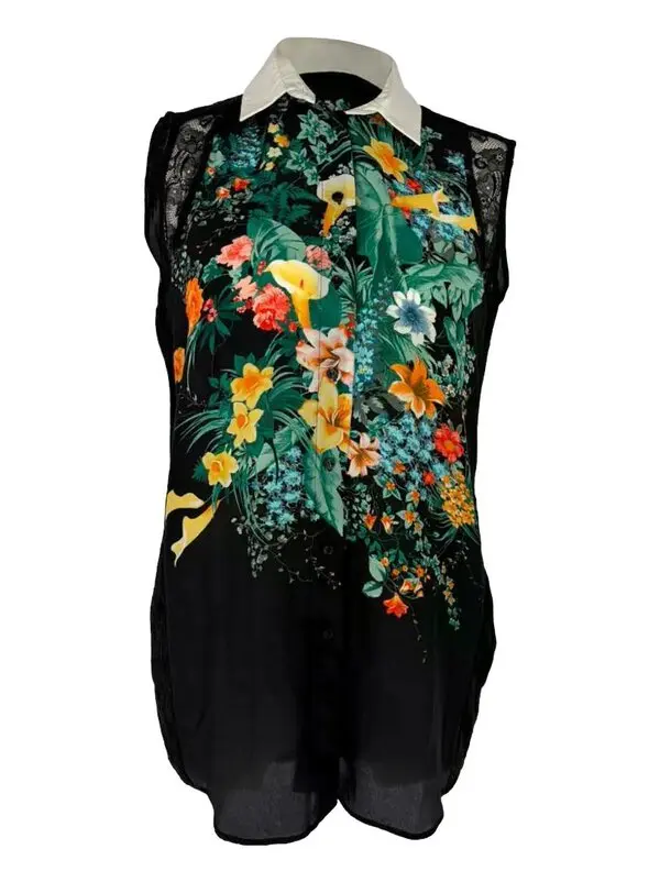 Sandro Floral-print Lace-panel Blouse - Black