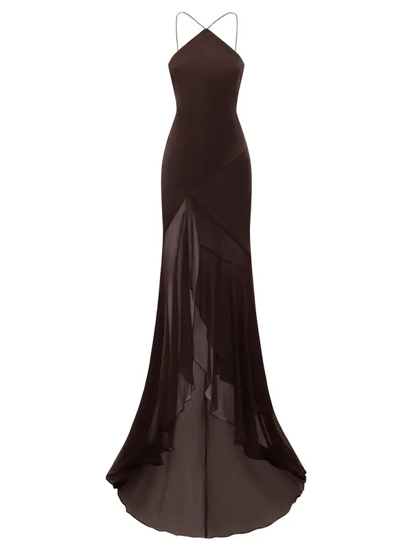 Alex Perry Silk Tiered Skirt Halter Gown - Brown