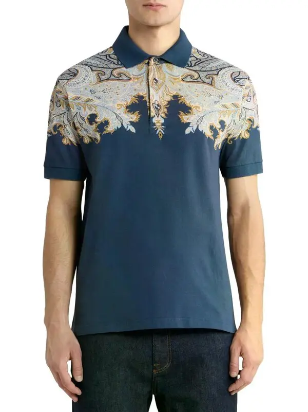 Etro Cotton Pique Polo Shirt With Placed Print - Blue
