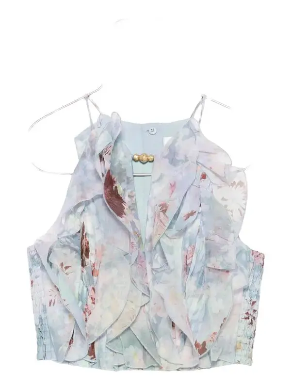 Aje Cleo Ruffled Floral-print Top - Blue