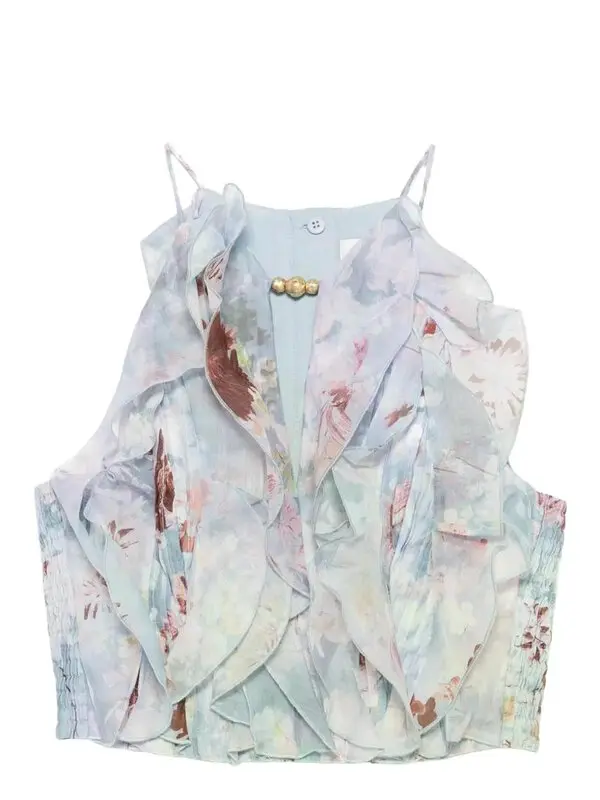 Aje Cleo Ruffled Floral-print Top - Blue