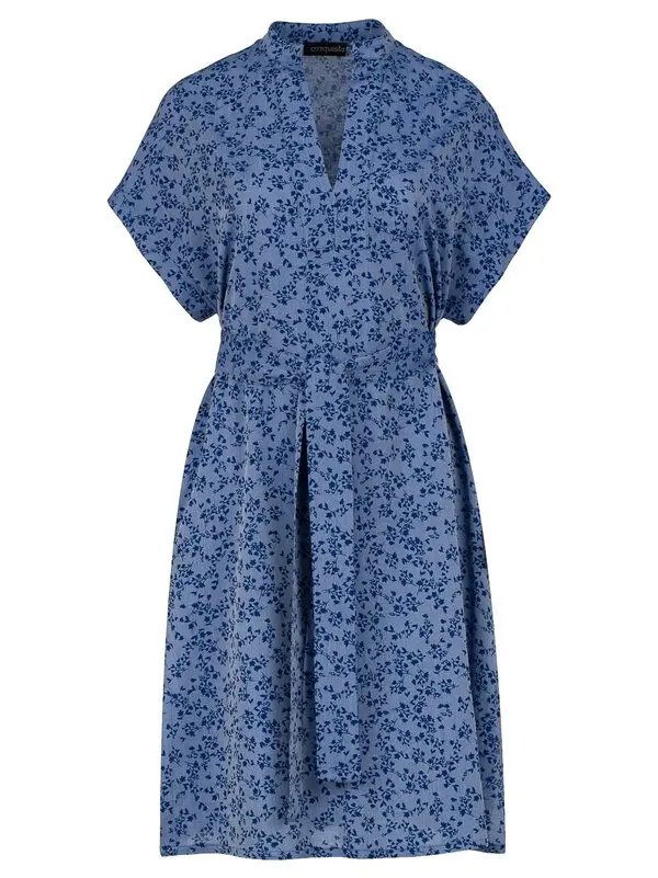 CONQUISTA Sleeveless Floral Print Dress With Mandarin Collar And Side Slits - Blue