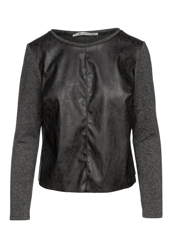 CONQUISTA Dark Faux Leather Detail Top - Grey