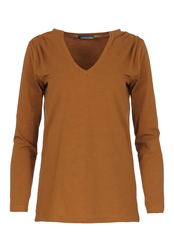 CONQUISTA Chocolate Jersey V-neck Top - Brown