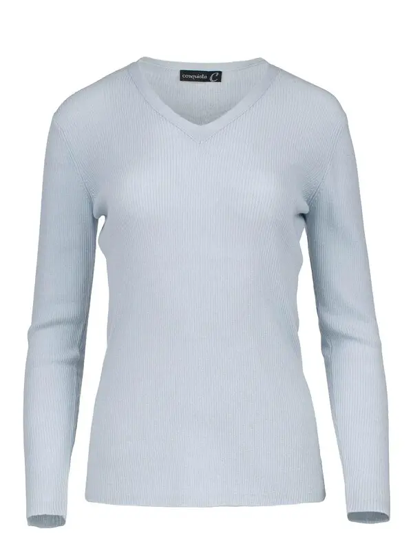 CONQUISTA Fitted V-neck Wool Blend Top - Blue