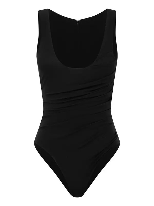 Alex Perry Ruched Singlet Bodysuit In Power Mesh - Black