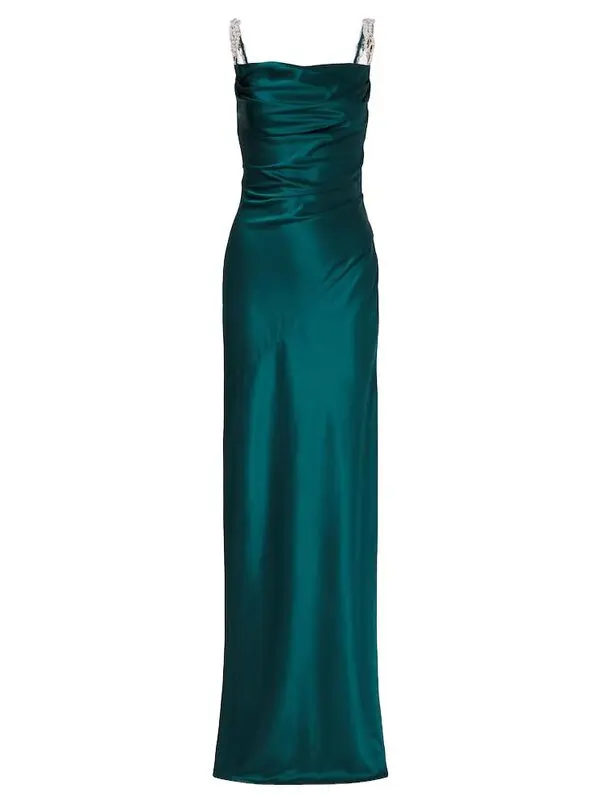 Balmain Embellished Ruched Silk Satin Gown - Blue