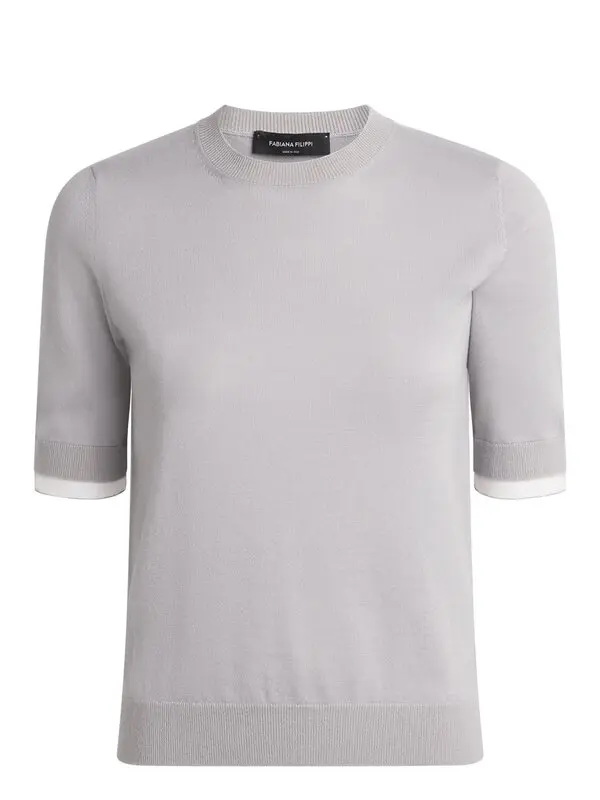 Fabiana Filippi Virgin Wool-cotton T-shirt With Tulle Cuffs - Grey