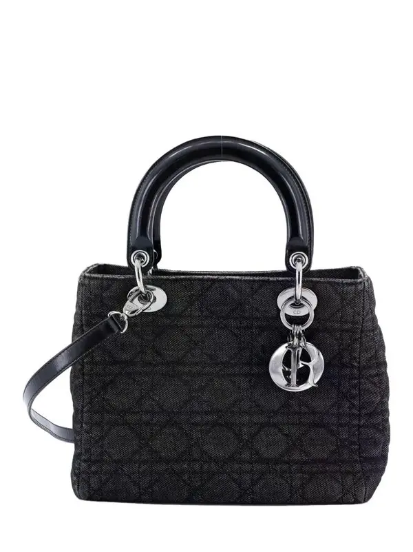 Dior Lady Cannage Quilt Denim Medium Tote Bag - Black