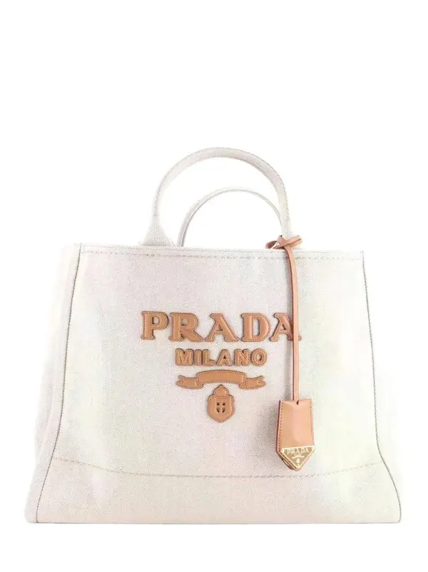 Prada Logo Linen Blend Large Tote Bag - Brown