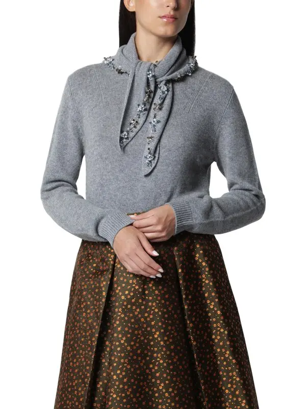 Prada Cashmere Sweater With Jeweled Scarf - Grey