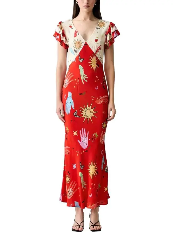 NEVER FULLY DRESSED Graphic-print Ruffled-sleeve Maxi Dress - Red
