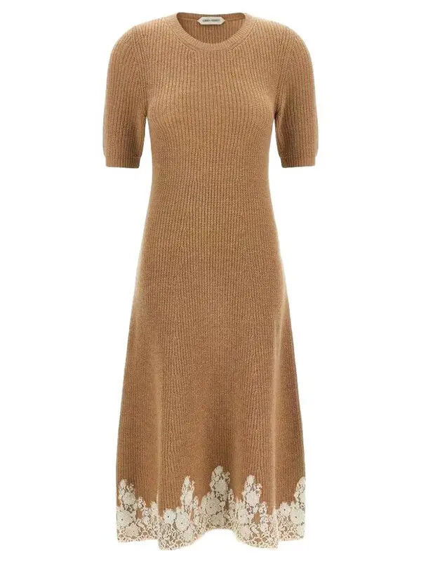 Alberta Ferretti Lace-hem Ribbed-knit Midi Dress - Neutrals