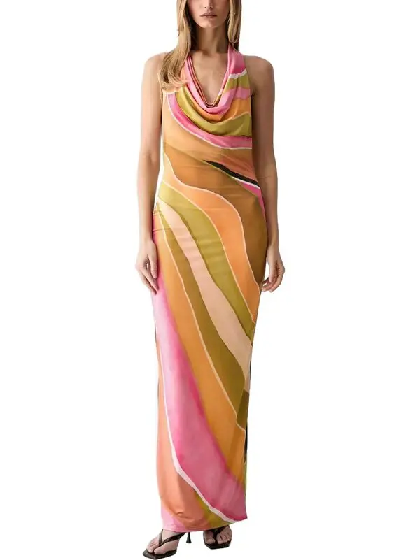 NEVER FULLY DRESSED Abstract-print Cowl-neck Maxi Dress - Orange